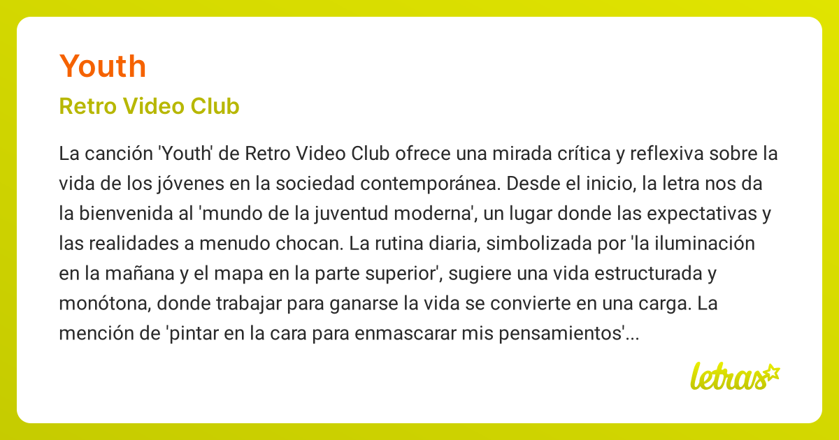 Significado de la canción YOUTH (Retro Video Club) - LETRAS.COM