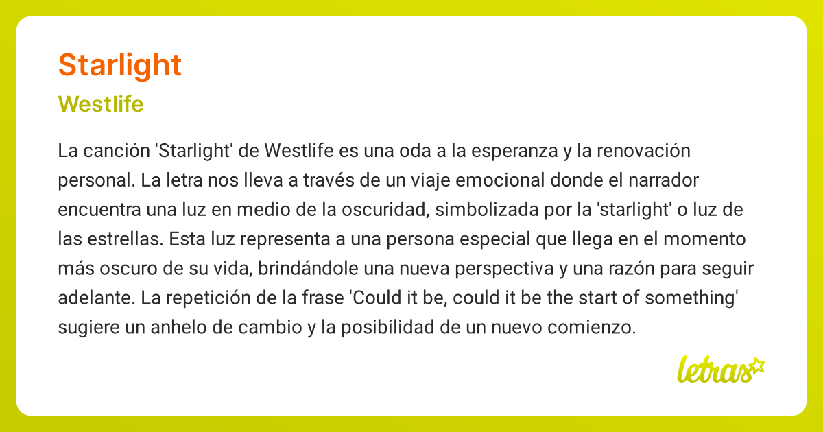 Significado de la canción STARLIGHT (Westlife) - LETRAS.COM