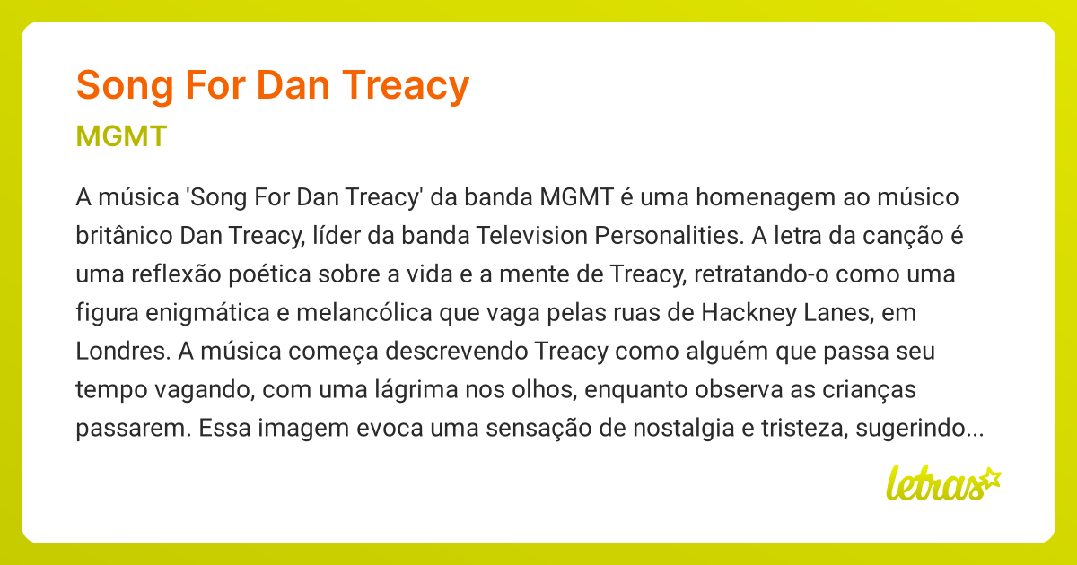 Significado da música SONG FOR DAN TREACY (MGMT) - LETRAS.MUS.BR