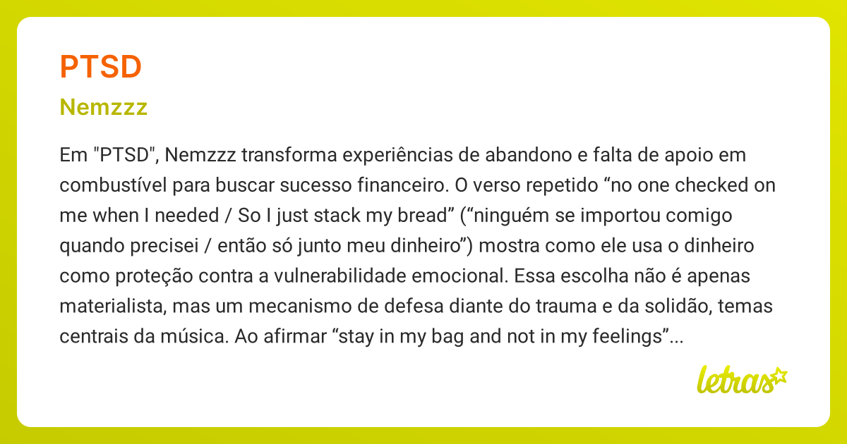 Significado da música PTSD (Nemzzz) - LETRAS.MUS.BR