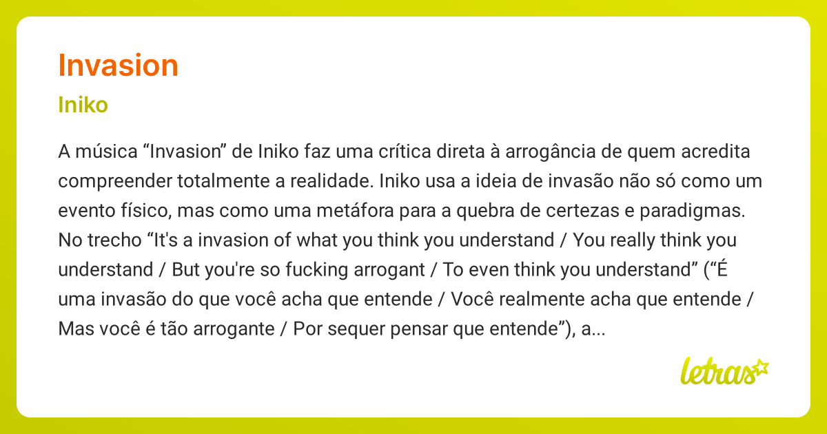 Significado da música INVASION (Iniko) - LETRAS.MUS.BR