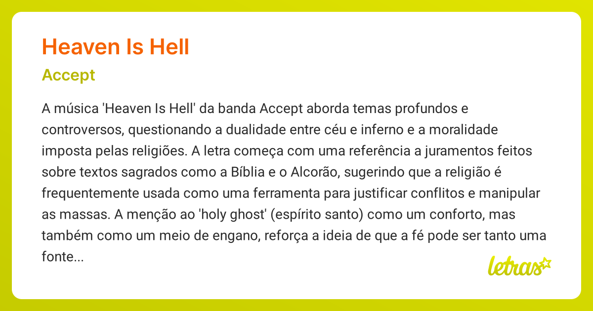 Significado da música HEAVEN IS HELL (Accept) - LETRAS.MUS.BR