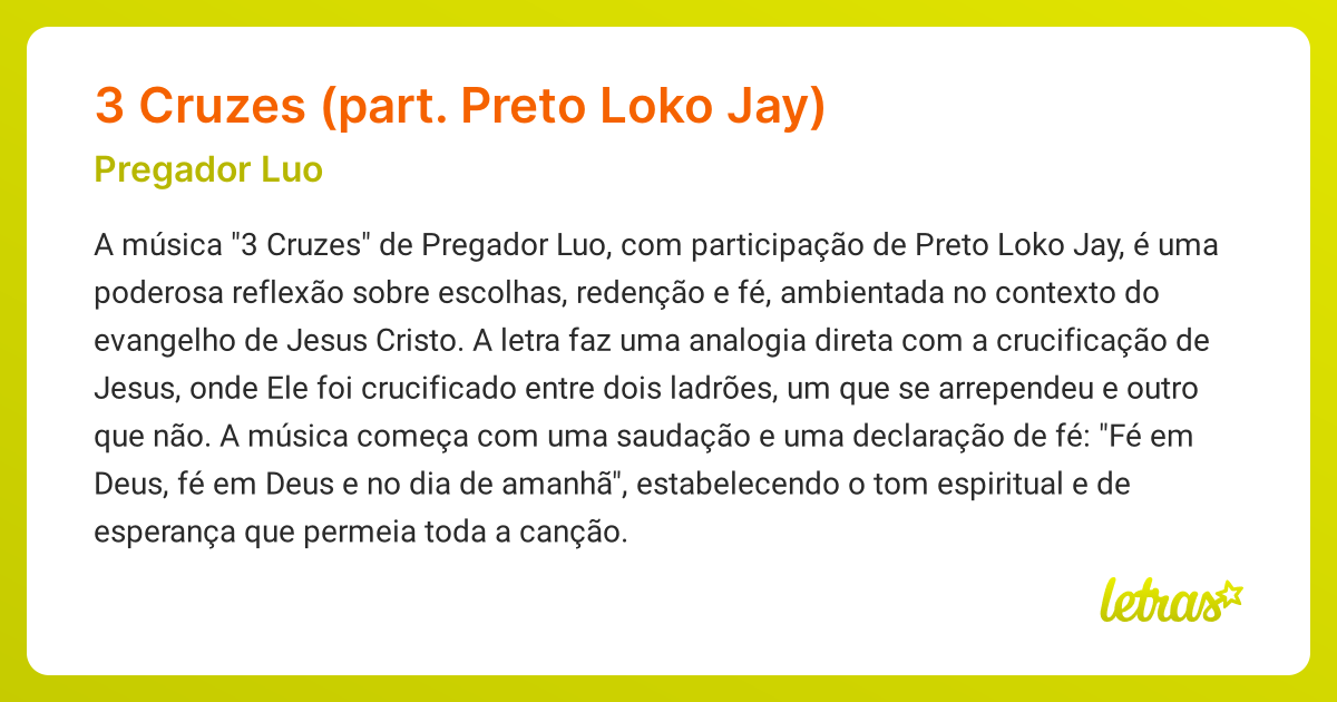 Significado da música 3 Cruzes (part. Preto Loko Jay) (Pregador Luo ...