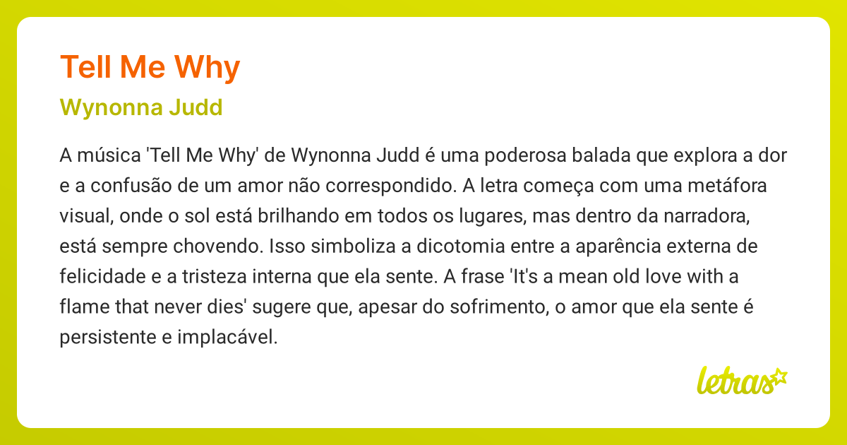 Significado da música TELL ME WHY (Wynonna Judd) - LETRAS.MUS.BR