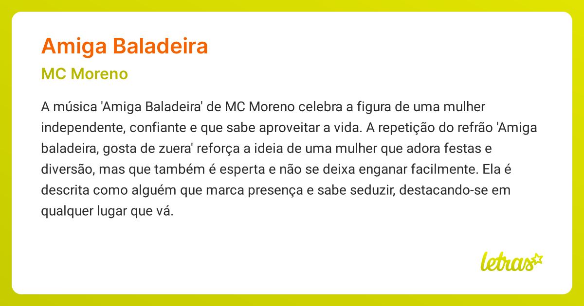 Significado da música AMIGA BALADEIRA (MC Moreno) - LETRAS.MUS.BR
