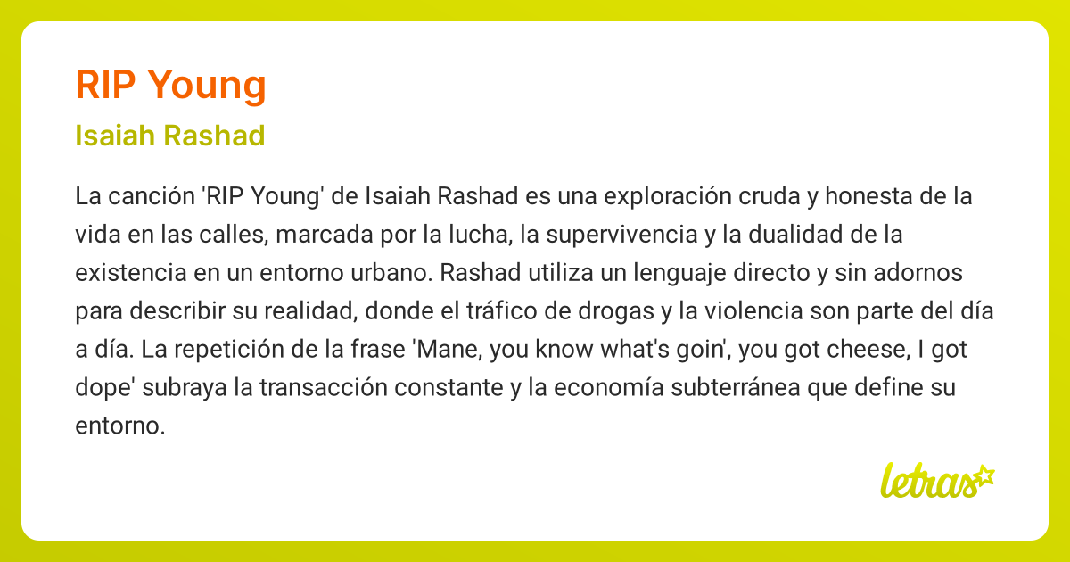 Significado de la canción RIP YOUNG (Isaiah Rashad) - LETRAS.COM