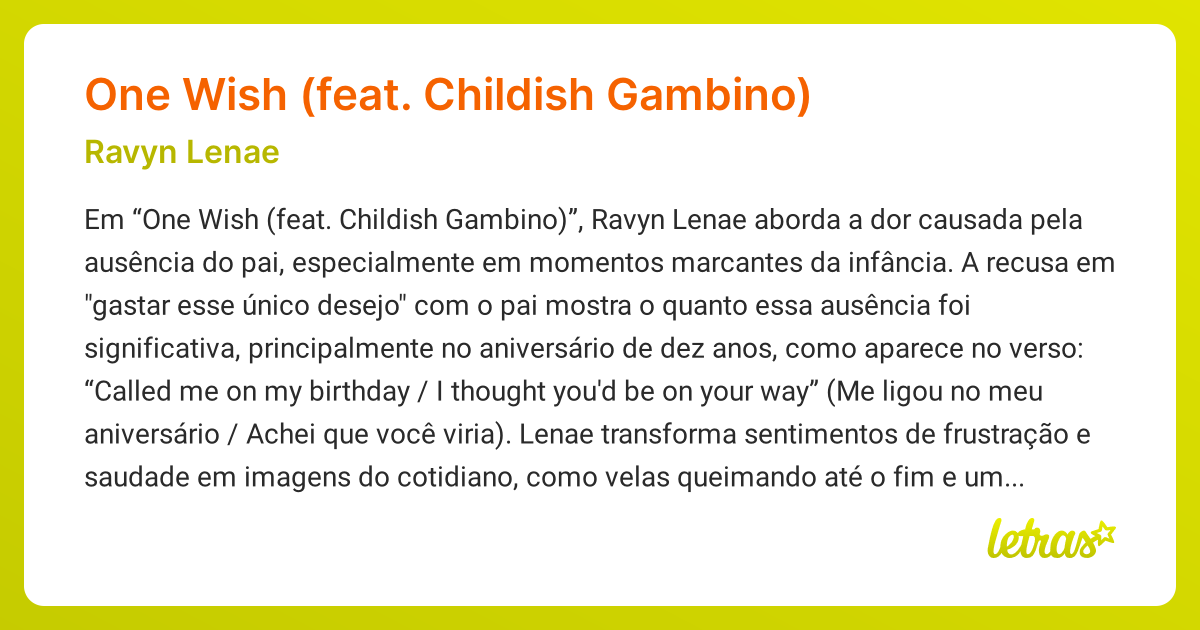 Significado da música One Wish (feat. Childish Gambino) (Ravyn Lenae ...
