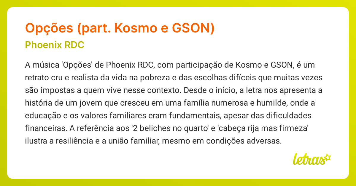 Significado da música OPÇÕES (PART. KOSMO E GSON) (Phoenix RDC ...