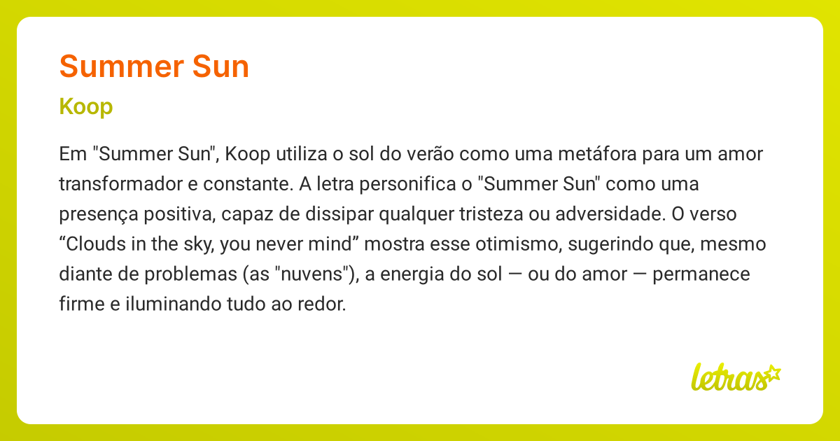 Significado da música SUMMER SUN (Koop) - LETRAS.MUS.BR