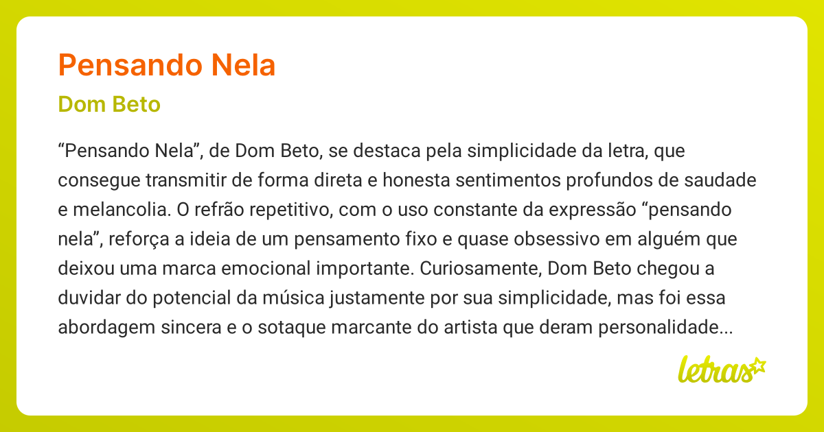 Significado da música PENSANDO NELA (Dom Beto) - LETRAS.MUS.BR