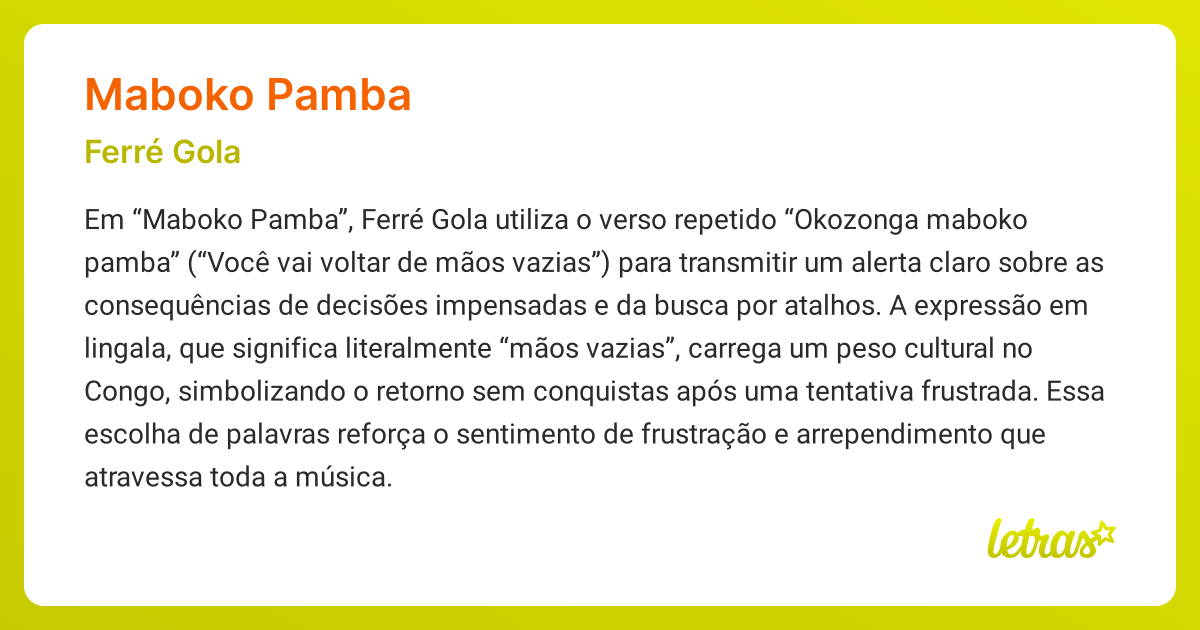 Significado da música MABOKO PAMBA (Ferré Gola) - LETRAS.MUS.BR