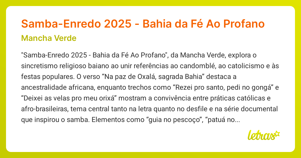 Significado da música Samba-Enredo 2025 - Bahia da Fé Ao Profano ...