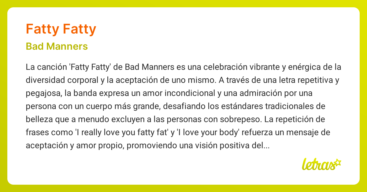 Significado de la canción FATTY FATTY (Bad Manners) - LETRAS.COM