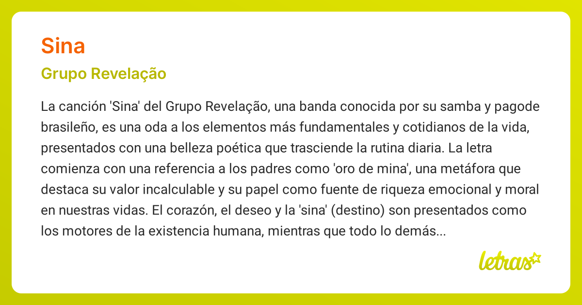 Significado de la canción SINA (Grupo Revelação) - LETRAS.COM