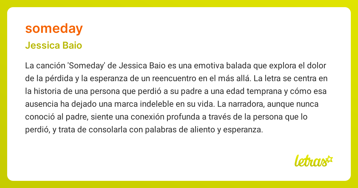 Significado de la canción SOMEDAY (Jessica Baio) - LETRAS.COM
