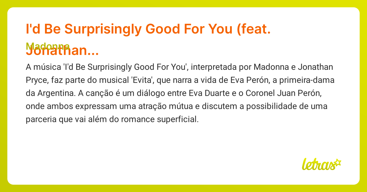 Significado da música I'd Be Surprisingly Good For You (feat. Jonathan ...