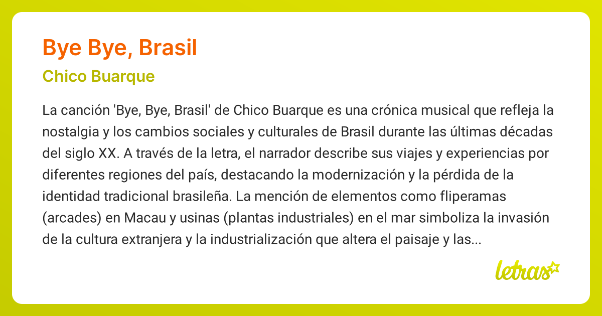 Significado de la canción BYE BYE, BRASIL (Chico Buarque) - LETRAS.COM