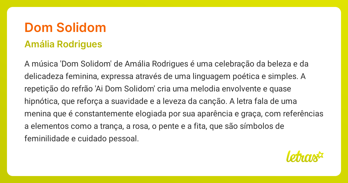Significado da música DOM SOLIDOM (Amália Rodrigues) - LETRAS.MUS.BR