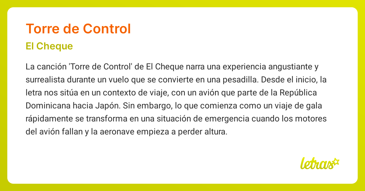 Significado de la canción TORRE DE CONTROL (El Cheque) - LETRAS.COM