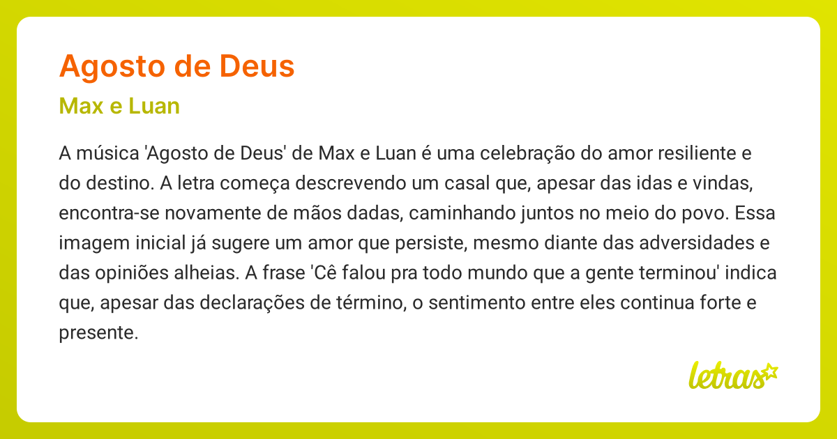 Significado da música AGOSTO DE DEUS (Max e Luan) - LETRAS.MUS.BR
