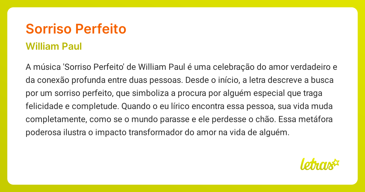 Significado da música SORRISO PERFEITO (William Paul) - LETRAS.MUS.BR