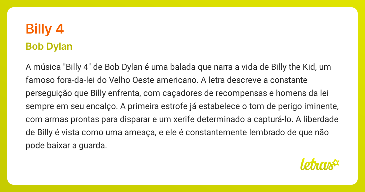 Significado da música BILLY 4 (Bob Dylan) - LETRAS.MUS.BR