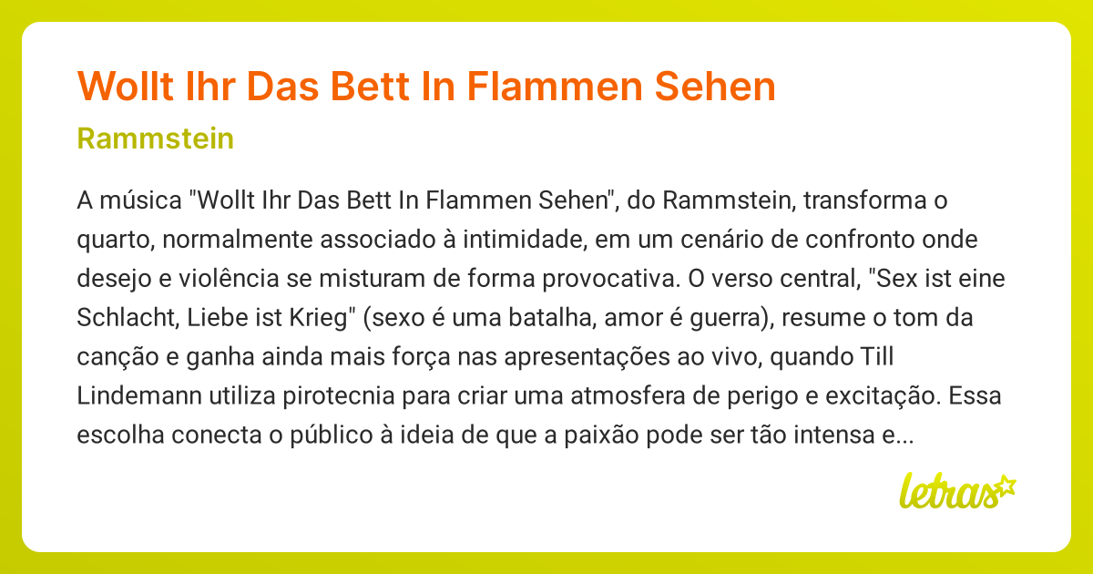 Significado da música Wollt Ihr Das Bett In Flammen Sehen (Rammstein ...