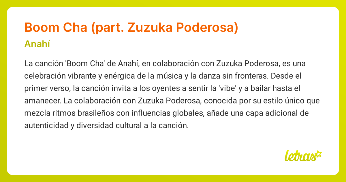 Significado de la canción Boom Cha (part. Zuzuka Poderosa) (Anahí) - LETRAS.COM