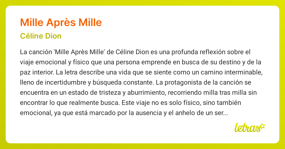 Significado de la canción MILLE APRÈS MILLE (Céline Dion) - LETRAS.COM