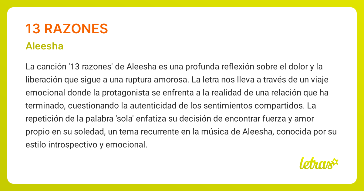 Significado de la canción 13 RAZONES (Aleesha) - LETRAS.COM
