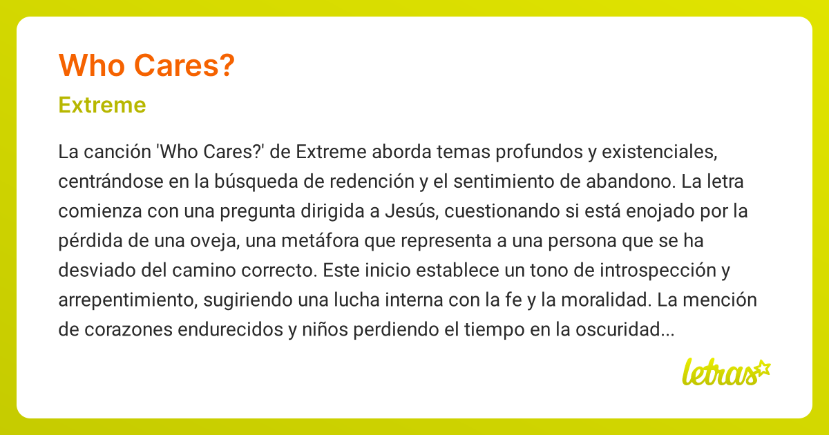 Significado de la canción WHO CARES? (Extreme) - LETRAS.COM
