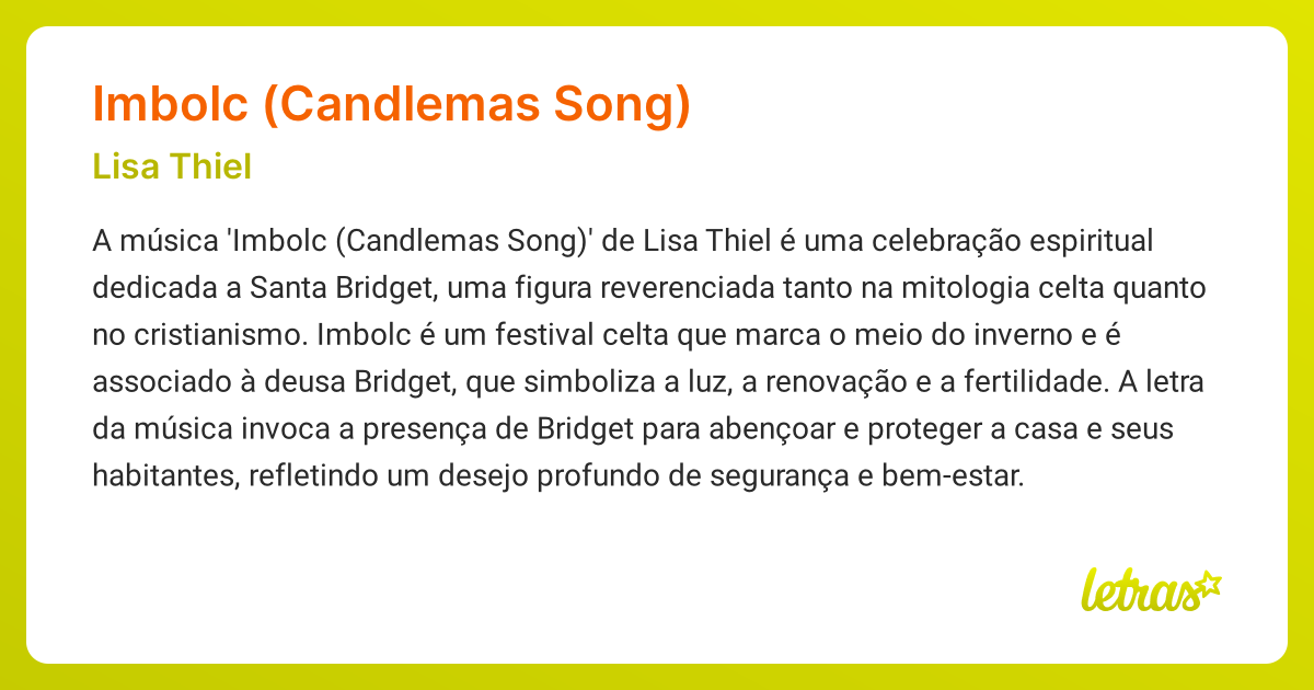 Significado da música IMBOLC (CANDLEMAS SONG) (Lisa Thiel) - LETRAS.MUS.BR