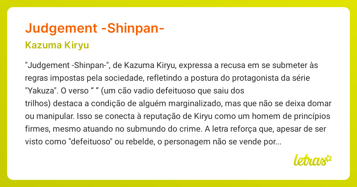 Significado da música JUDGEMENT -SHINPAN- (Kazuma Kiryu) - LETRAS.MUS.BR