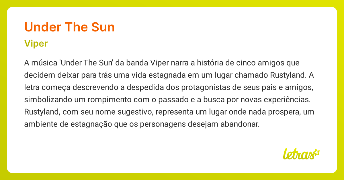 Significado da música UNDER THE SUN (Viper) - LETRAS.MUS.BR