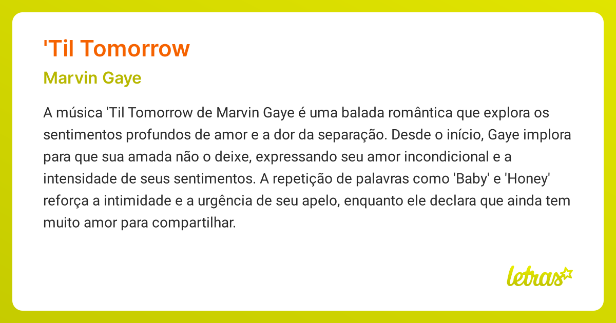 Significado da música 'TIL TOMORROW (Marvin Gaye) - LETRAS.MUS.BR