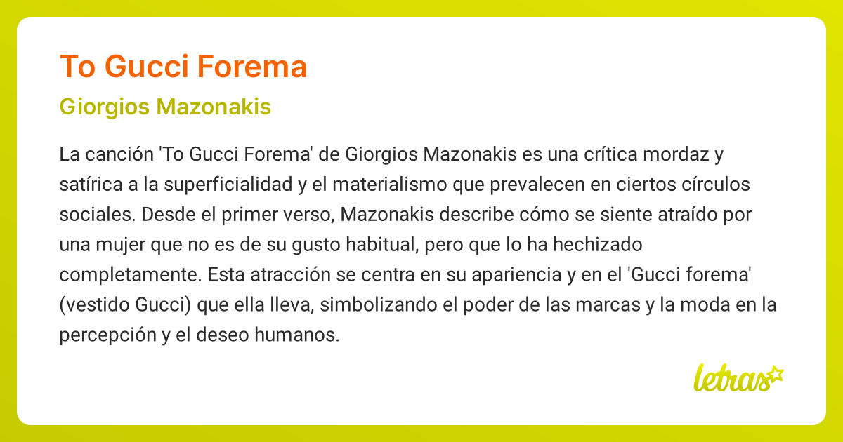Significado de la canción TO GUCCI FOREMA (Giorgios Mazonakis) - LETRAS.COM