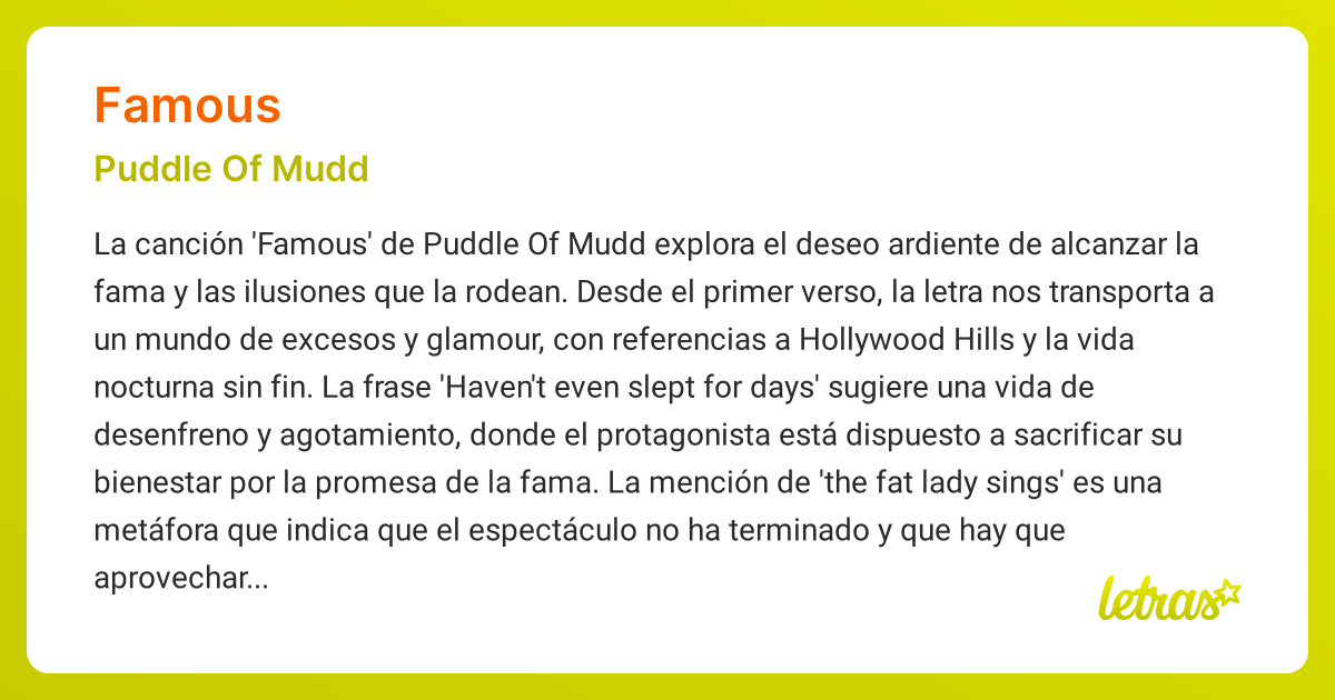 Significado de la canción FAMOUS (Puddle Of Mudd) - LETRAS.COM
