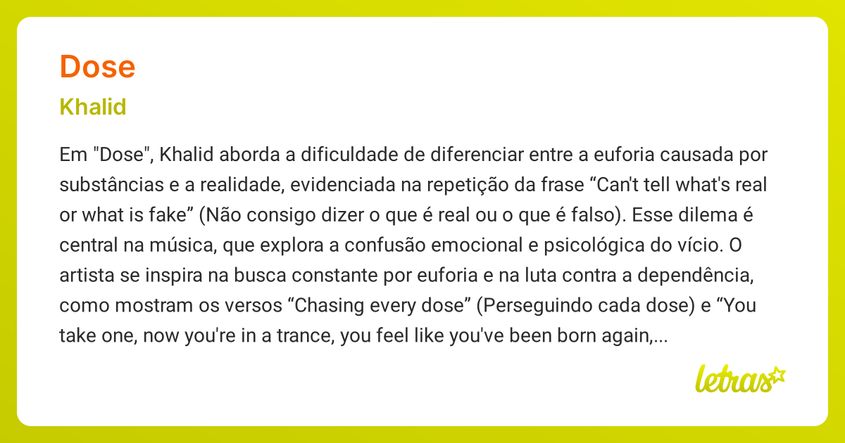 Significado da música DOSE (Khalid) - LETRAS.MUS.BR