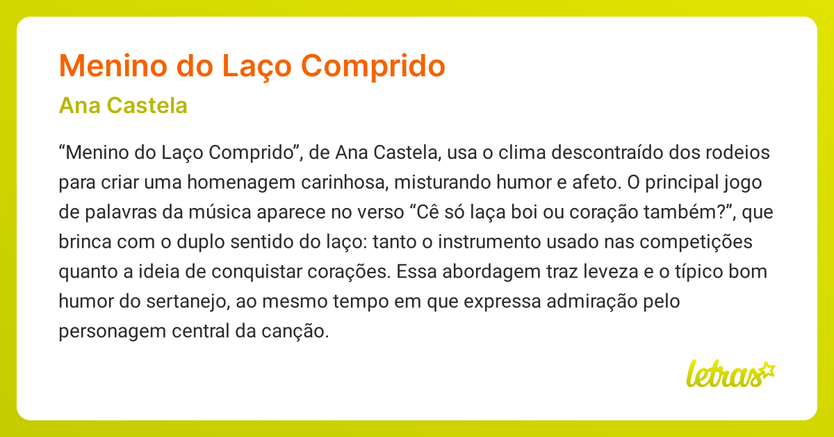 Significado da música MENINO DO LAÇO COMPRIDO (Ana Castela) - LETRAS.MUS.BR