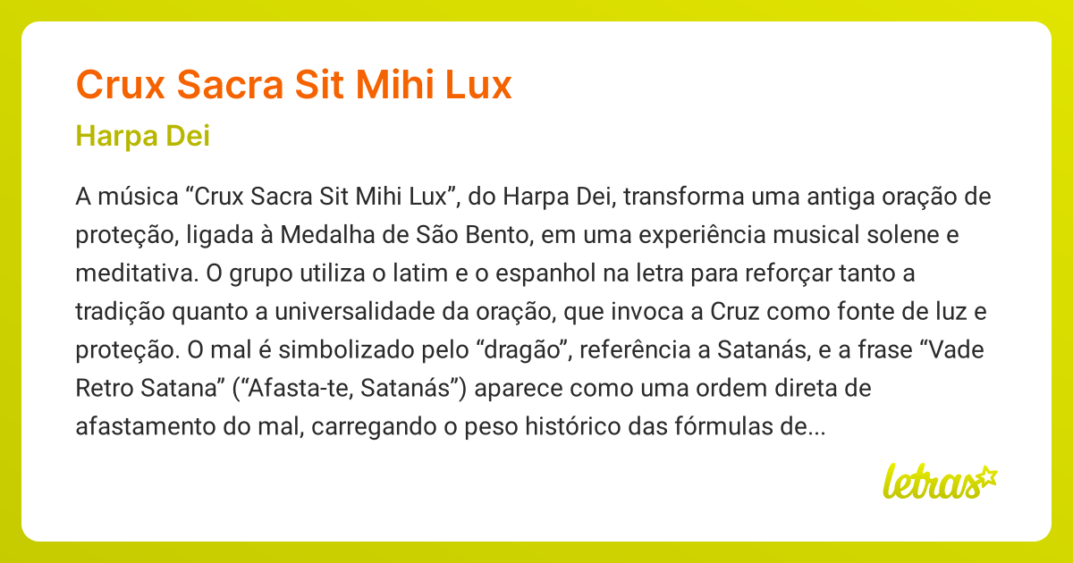 Significado da música CRUX SACRA SIT MIHI LUX (Harpa Dei) - LETRAS.MUS.BR
