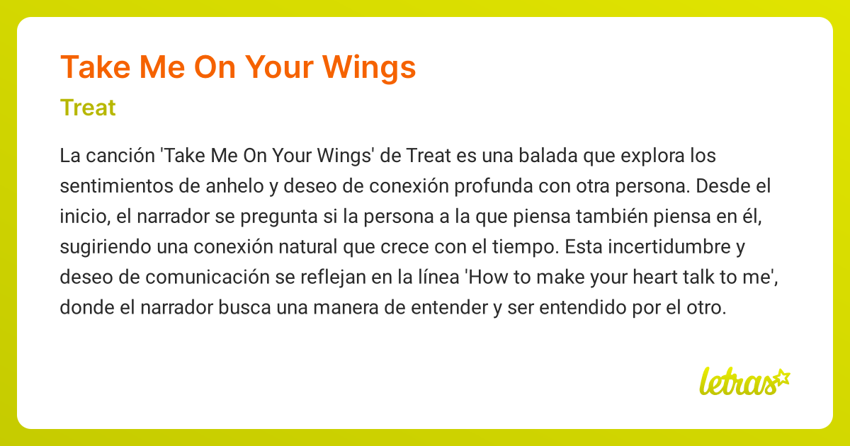 Significado de la canción TAKE ME ON YOUR WINGS (Treat) - LETRAS.COM