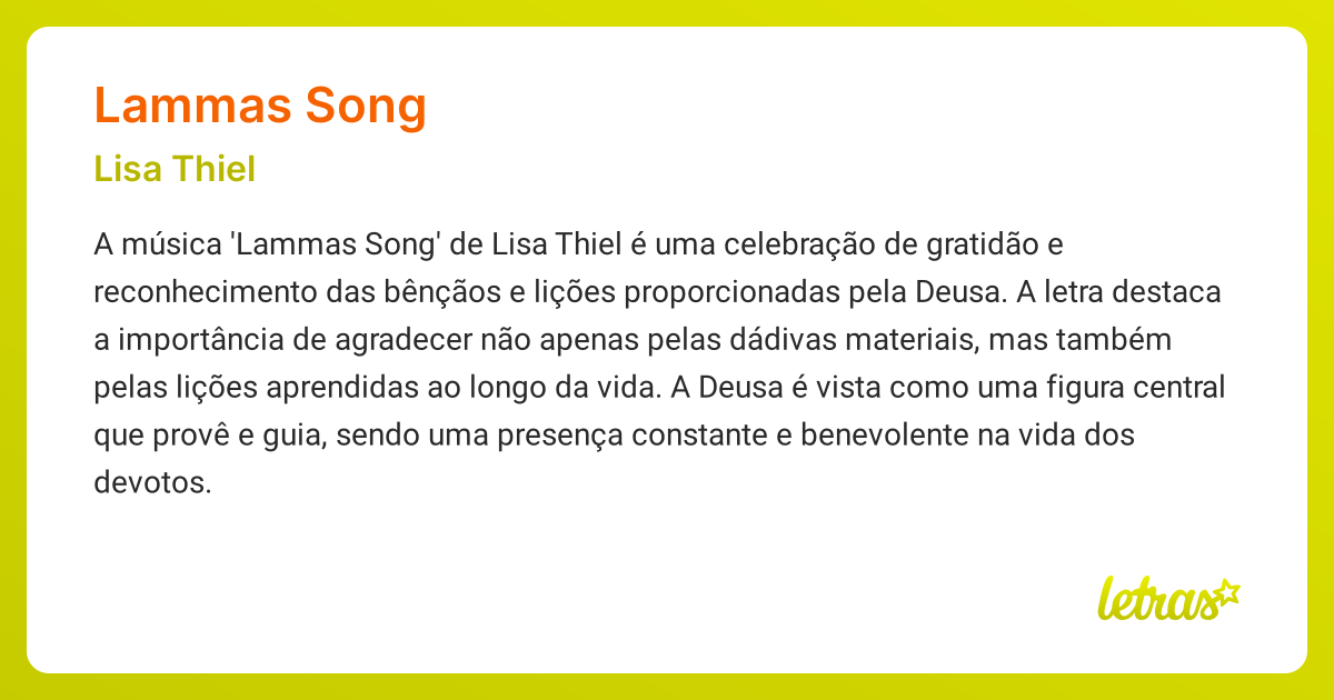 Significado da música LAMMAS SONG (Lisa Thiel) - LETRAS.MUS.BR