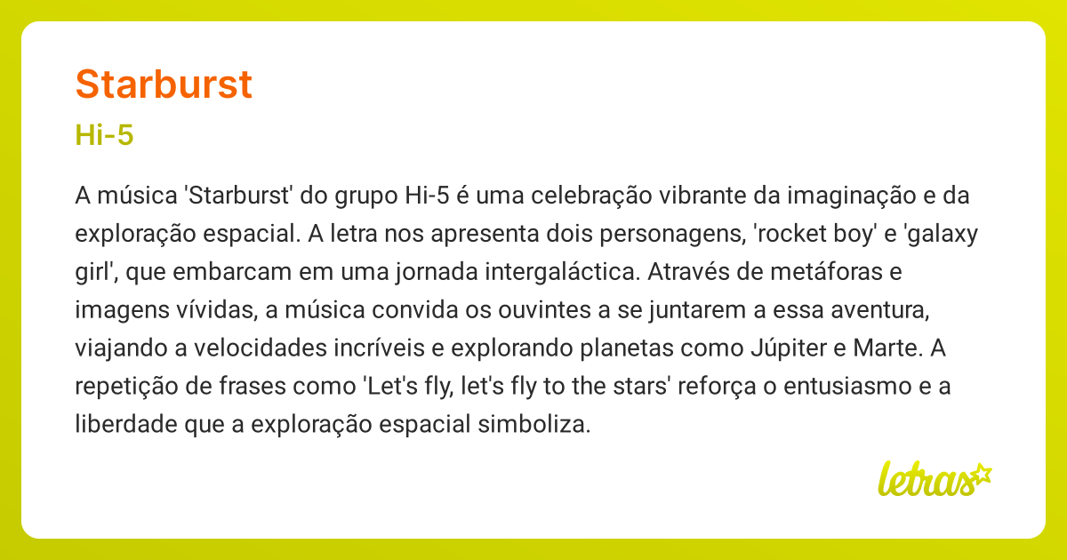 Significado da música STARBURST (Hi-5) - LETRAS.MUS.BR