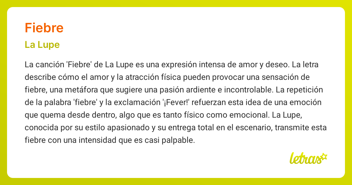 Significado de la canción FIEBRE (La Lupe) - LETRAS.COM