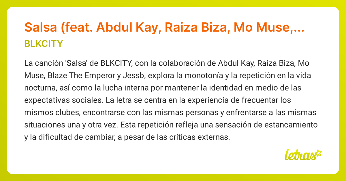 Significado de la canción Salsa (feat. Abdul Kay, Raiza Biza, Mo Muse ...