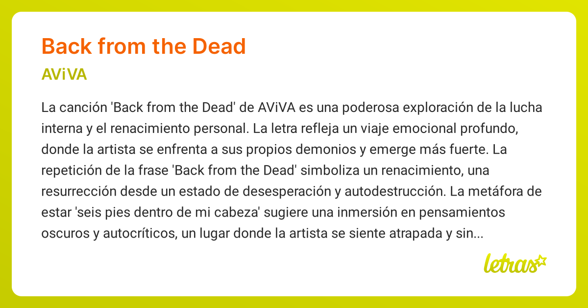 Significado de la canción BACK FROM THE DEAD (AViVA) - LETRAS.COM