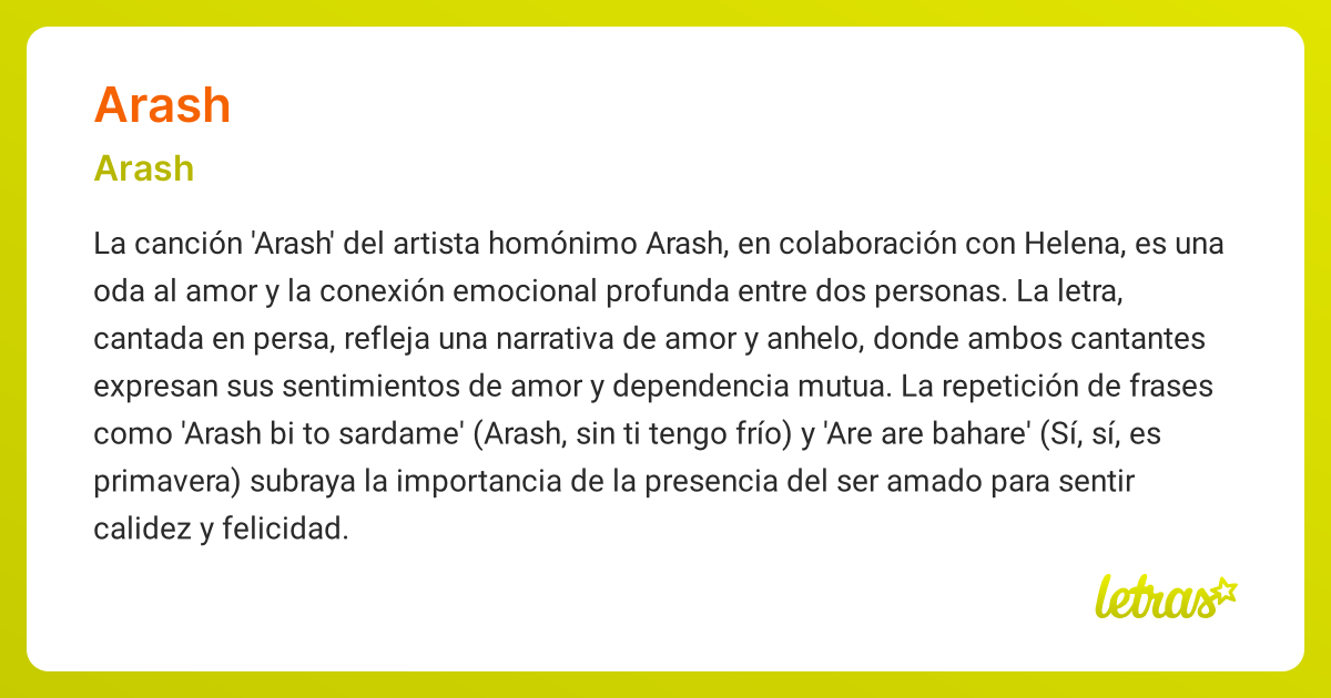 Significado de la canción ARASH (Arash) - LETRAS.COM