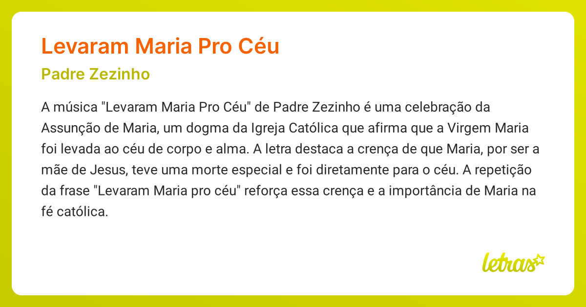 Significado da música LEVARAM MARIA PRO CÉU (Padre Zezinho) - LETRAS.MUS.BR