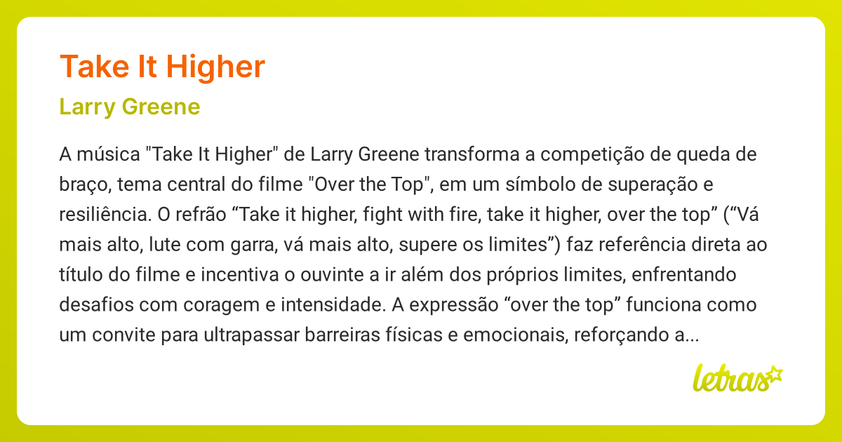 Significado da música TAKE IT HIGHER (Larry Greene) - LETRAS.MUS.BR