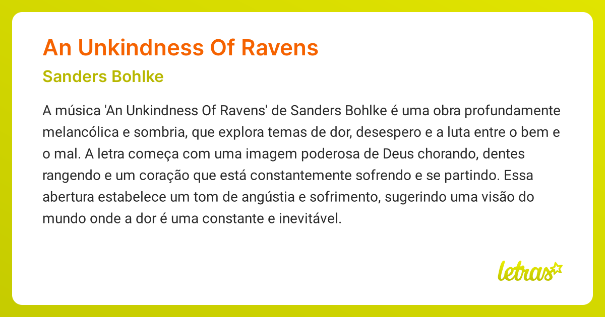 Significado da música AN UNKINDNESS OF RAVENS (Sanders Bohlke) - LETRAS ...